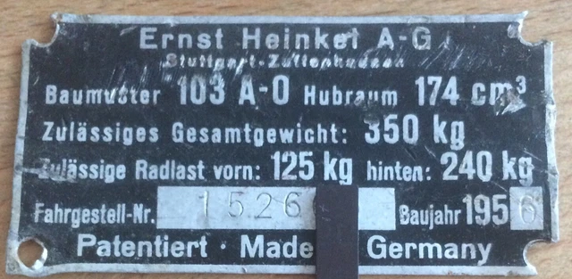 HEINKEL TYPENSCHILD TOURIST Typ 103-A Schild Plakette Blech Nummer ...