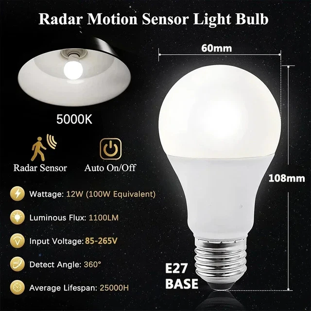 LED BULB LIGHT E27 Radar Motion Sensor 220V White Smart Lamp Work*^b ...