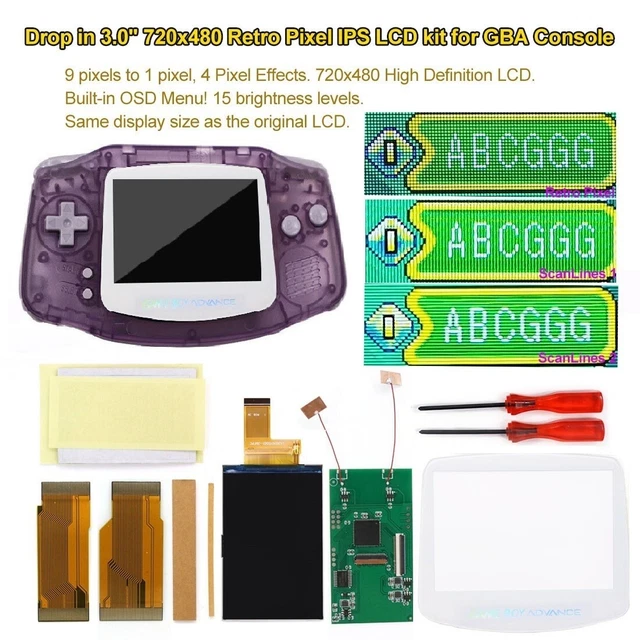 WHITE LENS-DROP IN V5 720x480 Retro Pixel IPS Backlit LCD+Pre-cut Cases ...
