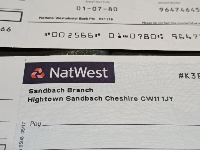 NATWEST BANK CHEQUE SANDBACH branch, unused with counterfoil & paying ...