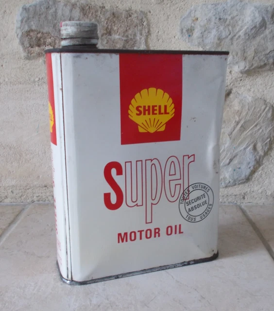 VINTAGE SHELL SUPER white Oil can tin old antique France french ...