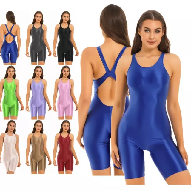 Women One Piece Glossy Bodysuit Solid Color Sleeveless Jumpsuit Rompers