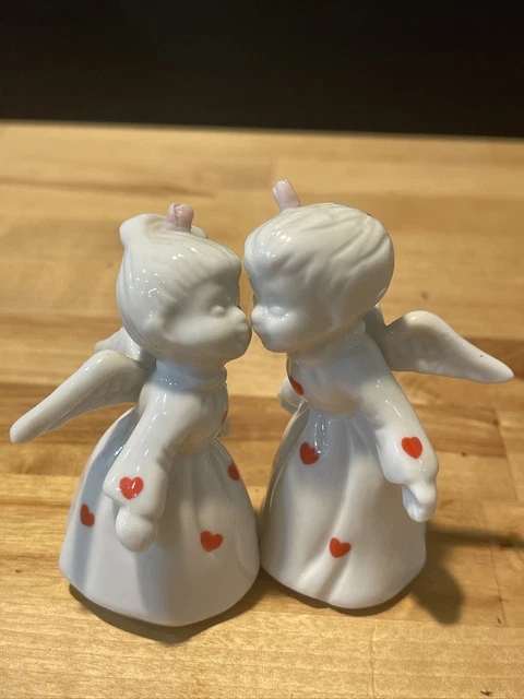 BOY & GIRL Kissing Angels. Two Miniature Ceramic Figures White With Red ...