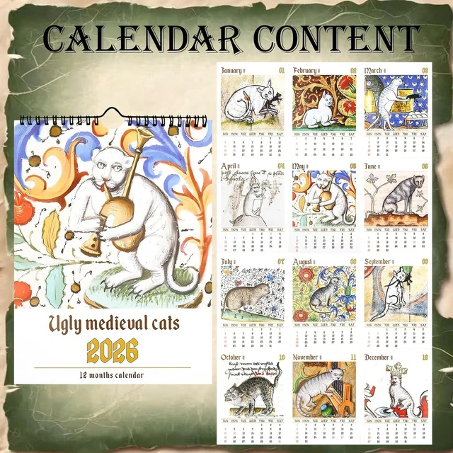 UGLY MEDIEVAL CATS Calendar 2026, Funny Calendar 2026 Cat Lovers, Weird ...
