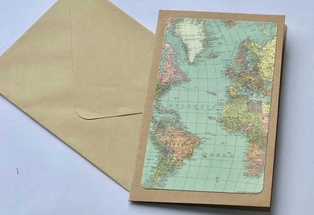 WORLD MAP VINTAGE Cartography Blank Greeting Card Envelope Travel ...