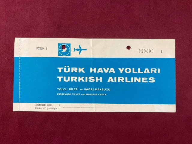 TURKISH AIRLINES FLIGHT Ticket 1970s Old Airlines Ticket Bandirma to ...