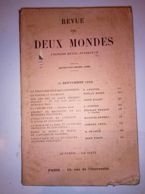 REVUE DES DEUX mondes 15 Septembre 1926/ François Buloz EUR 5,00 ...