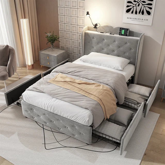 VELVET UPHOLSTERED 3FT Single Storage Bed Frame with 4 Drawers ...