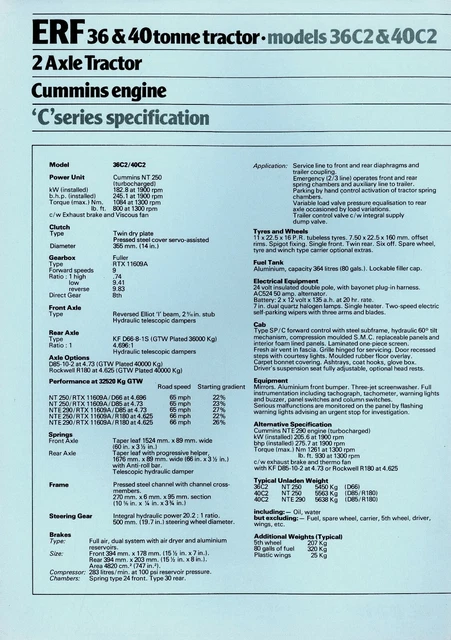 1982 ERF 36C2 40C2 2Axle Tractor Cummins Engine Data Sheet 6/82 ...