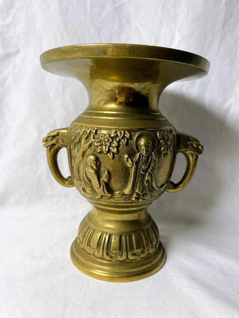 ANTIQUE BRASS VASE Buddha Under Bodhi Tree Scene Dragon Handles 6” $80. ...