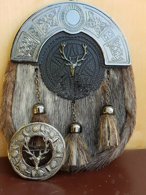 NEUF KILT SPORRAN Costume Complet Habillé Joint Peau Cantle Celtique ...