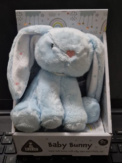 ELC BUNNY SOFT Toy Blue Small Fluffy Rabbit Rattle With Silky Ears All ...