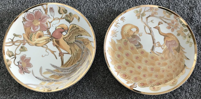 VINTAGE HIGHLY DECORATED Gold On White Plates, Chinese Peacocks, Birds ...