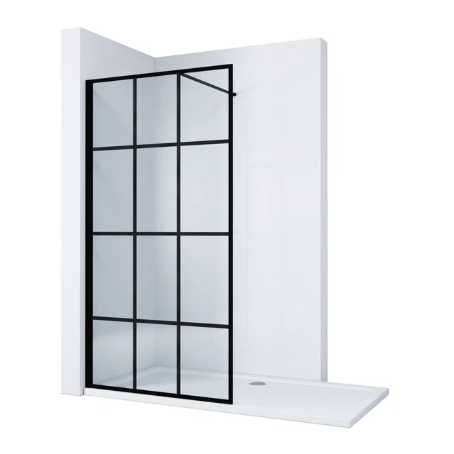 WALK IN WET Room Shower Screen Enclosure Black Grid Flipper Glass Panel 700mm £314.99 - PicClick UK