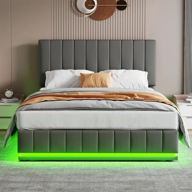 OTTOMAN STORAGE GAS Lift Up Bed Upholstered Bed Frame with LED Grey 5ft ...