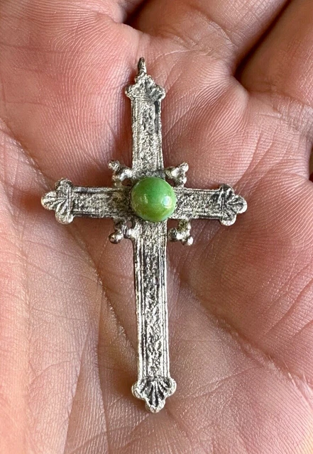 MEDIEVAL SILVER PECTORAL cross with Crucifixion & green stone ...
