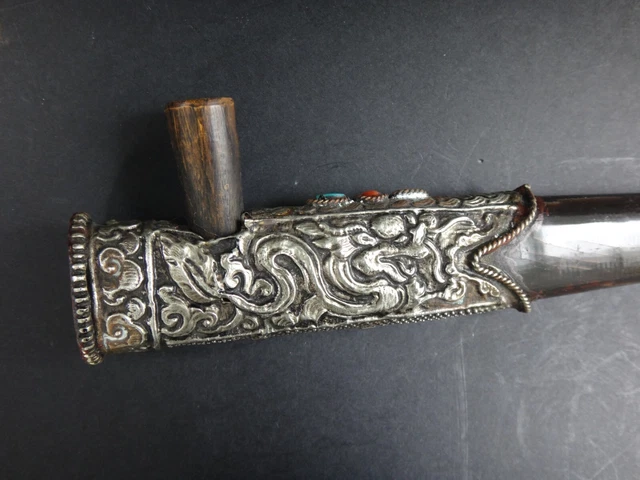 PIPE TIBET CORNE turquoise argent Old tibetan dragon chinese tobacco ...