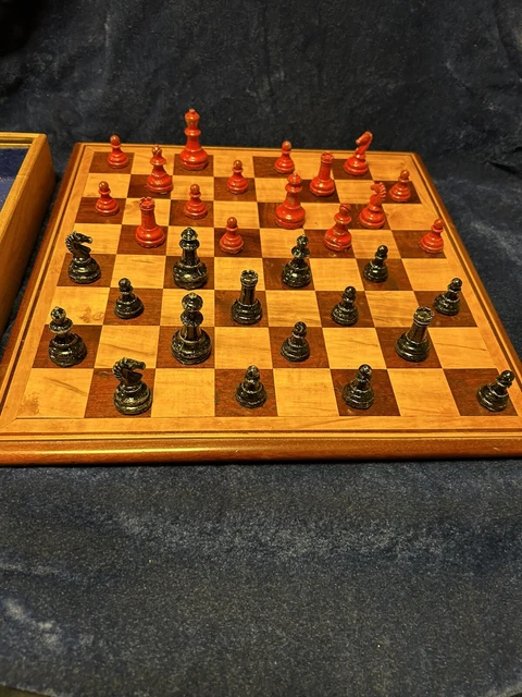 BEAUTIFUL RETRO 1950-60S Boxed Metal Chess Set with Wooden Inlaid Chess ...