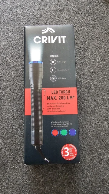 BRAND NEW CRIVIT LED Torch Max 200 LM with 3 Modes and 3 Color Filters ...