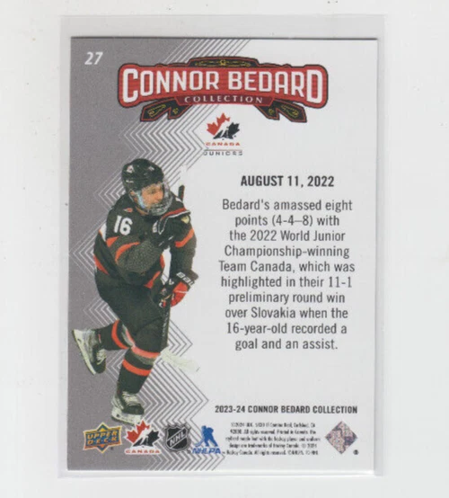 2023-24 UPPER DECK Connor Bedard Collection Awards and Honors card #27 ...