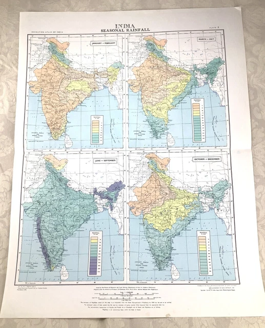 1972 LARGE VINTAGE Map of India Indian Climate Rainfall Meteorology ...