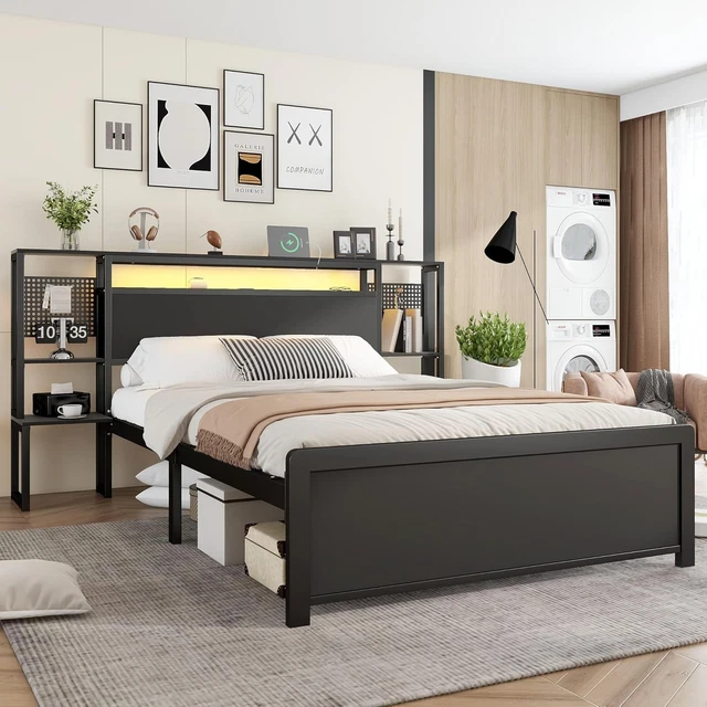 DOUBLE METAL BED Frame w/ LED Lights & USB Ports 4ft6 Black Modern £889 ...