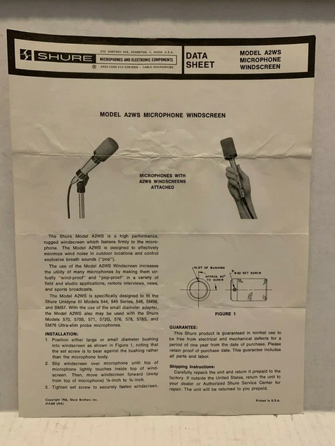 FICHE TECHNIQUE ORIGINALE 1966 SHURE A2WS microphone manuel de ...