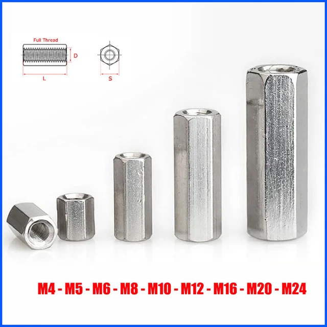 M5-M24 HEX STUD Connector Long Nuts A2 304 Stainless Full Thread ...