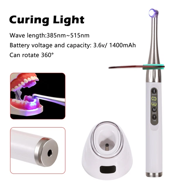 DENTAL CORDLESS CURING Light 1 Sec LED Light Cure Lamp Metal Head 2 ...