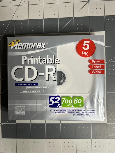 NEW MEMOREX PRINTABLE Recordable Blank CD-R, 5 Pack 52x 700MB 80 min ...