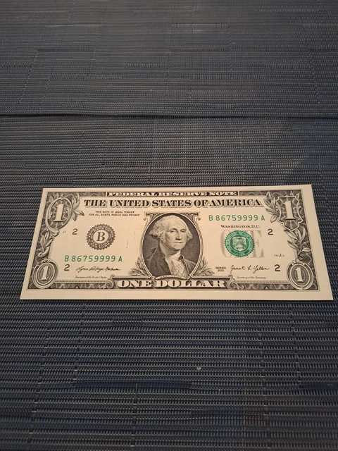 BROKEN LADDER FANCY Serial Number One Dollar Bill B86759999A 2021 ...