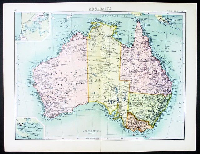1890 BARTHOLOMEW LARGE Antique Litho. Map of Australia, insets ...