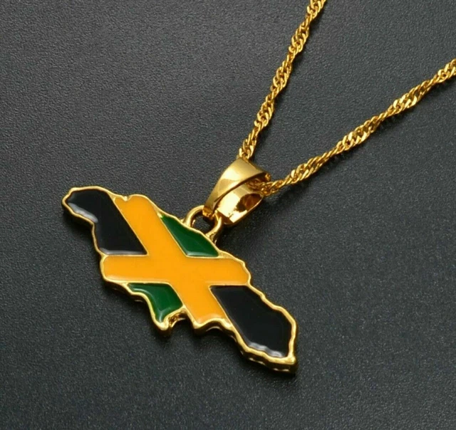 GOLD JAMAICA FLAG Map Necklace Pendant & Chain Jamaican Caribbean UK £6 ...