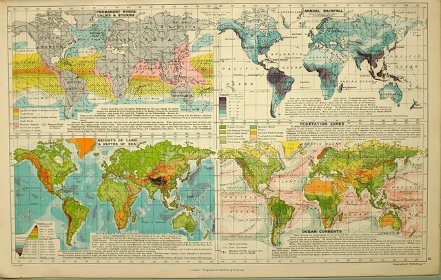 1909 MAP WORLD Vegetation Zones Annual Rainfall Winds Calms & Storms ...