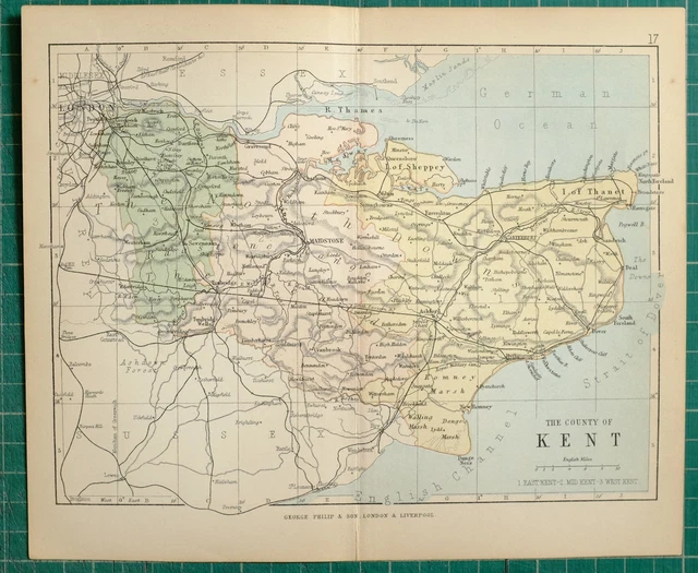 1882 PETIT ANCIEN Comté Carte ~ Kent Maidstone East London Canterbury ...
