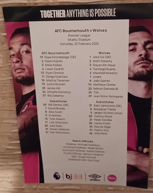 AFC BOURNEMOUTH V WOLVERHAMPTON 22 ND FEBRUARY 2025 TEAM SHEET £1.76 ...