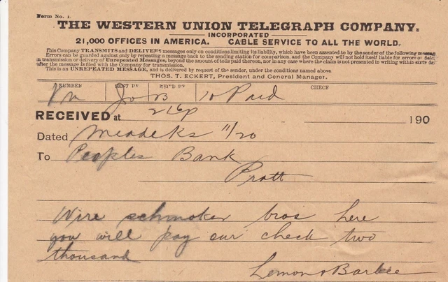 U.S. THE WESTERN UNION TELEGRAPH COMPANY,Inc. 1900s To Bank Pay Check ...