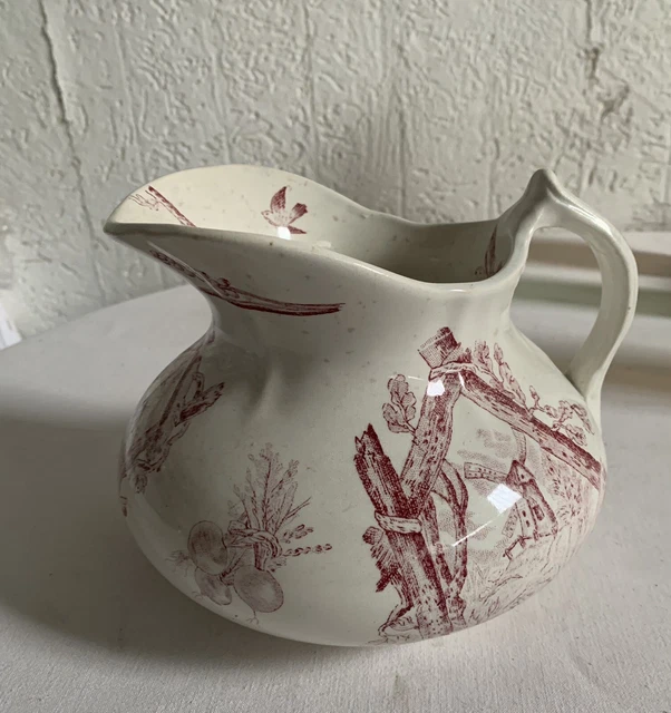 BROC DE TOILETTE ancien faience onnaing decor moulin et oiseaux rouge ...