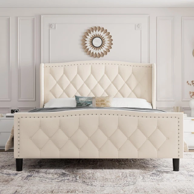 BED FRAME DOUBLE/KING Velvet Upholstered Platform W/Wing Side Headboard ...