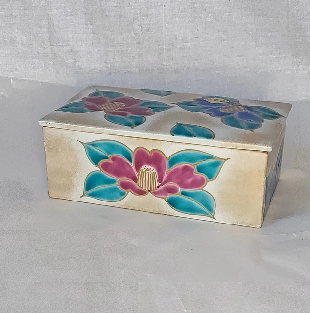 VINTAGE JAPANESE Bone China Rectangular Box Handpainted Floral Signed £ ...
