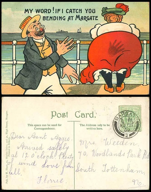 SPANKING FAT LADY Woman 1909 Old Postcard My Word! If I Catch Bending ...
