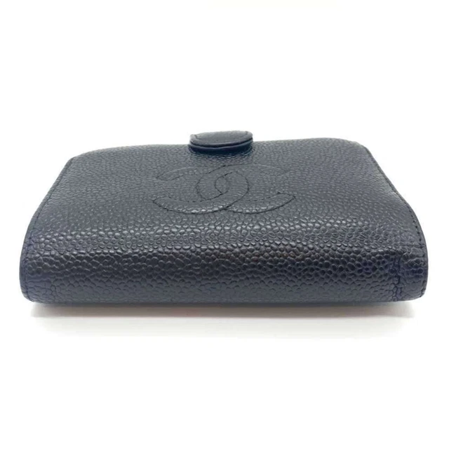 CHANEL BI-FOLD MINI Wallet Black Coco Mark Women's Caviar Skin Leather ...