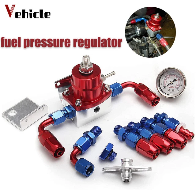 UNIVERSAL RED ADJUSTABLE Fuel Pressure Regulator Kit Oil 0-100psi Gauge ...