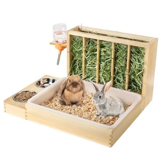 UPGRADED RABBIT HAY Feeder with Litter Box, 4 in 1 Wooden Bunny Feeding ...