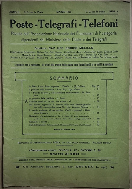 POSTE-TELEGRAFI-TELEFONI-RIVISTA MINISTERO DELLE Poste- Marzo 1916 ...