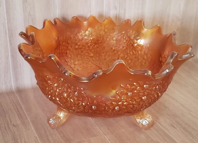 FENTON ORANGE TREE Marigold Carnival Glass 10" Buffet Bowl 3 Footed ...