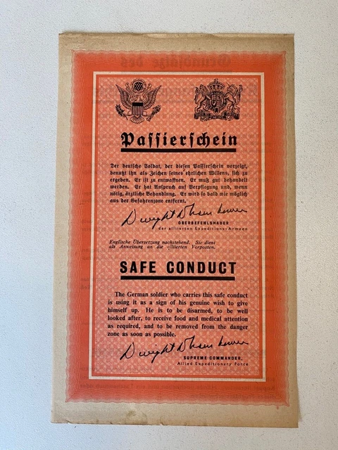 WW2 BRITISH US Safe Conduct Leaflet Eisenhower ZG61 1944 excellent ...