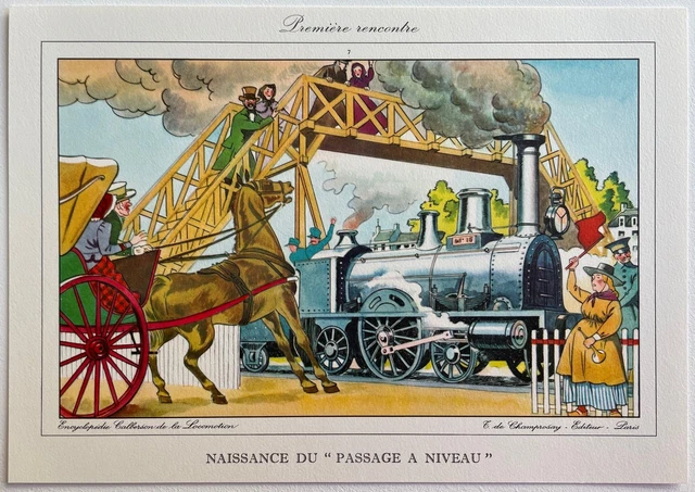 CHEMIN DE FER Le premier passage à niveau Gravure couleur de 1957 par ...