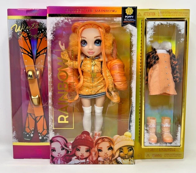 RAINBOW HIGH POPPY Rowan Winter Break Orange Ski Boots Jacket Doll Set ...