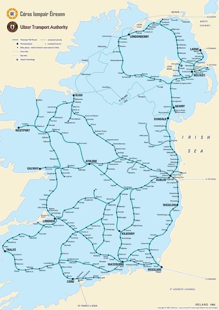 IRELAND TRAIN MAP (RAIL PASSENGER NETWORK) CIE/UTA 1963 Size A2 ...